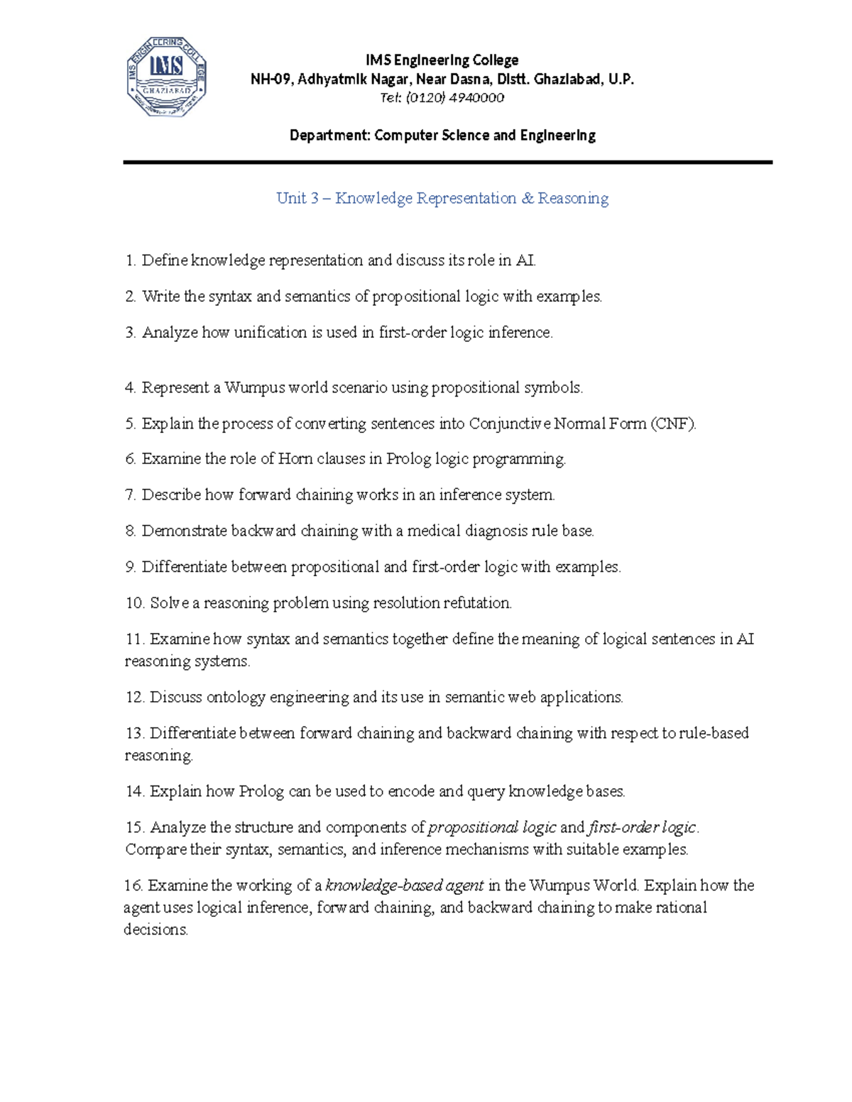 Q Bank - CSE 101: Knowledge Representation & Uncertainty in AI - Studocu