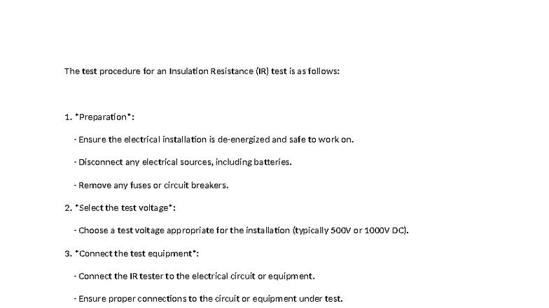 IR Test Procedure for Electrical Insulation Resistance Testing - Studocu