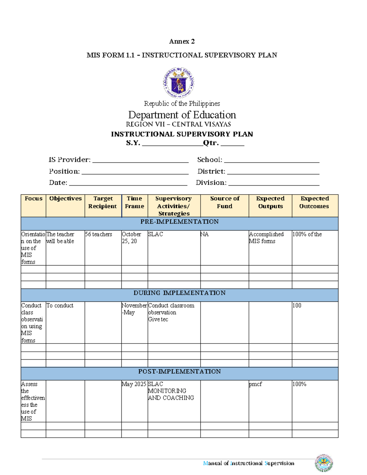 Annex 2 MIS FORM 1 - asdasdasd - Manual of Instructional Supervision ...