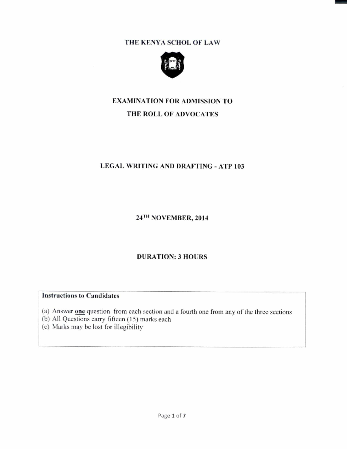 ATP 103 Legal Writing & Drafting Exam - November 2014 - Studocu