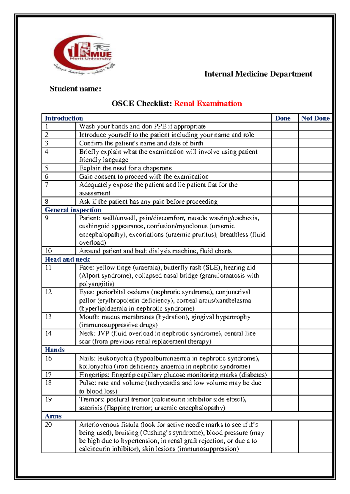 Renal Examination OSCE Checklist - Internal Medicine Guide - Studocu