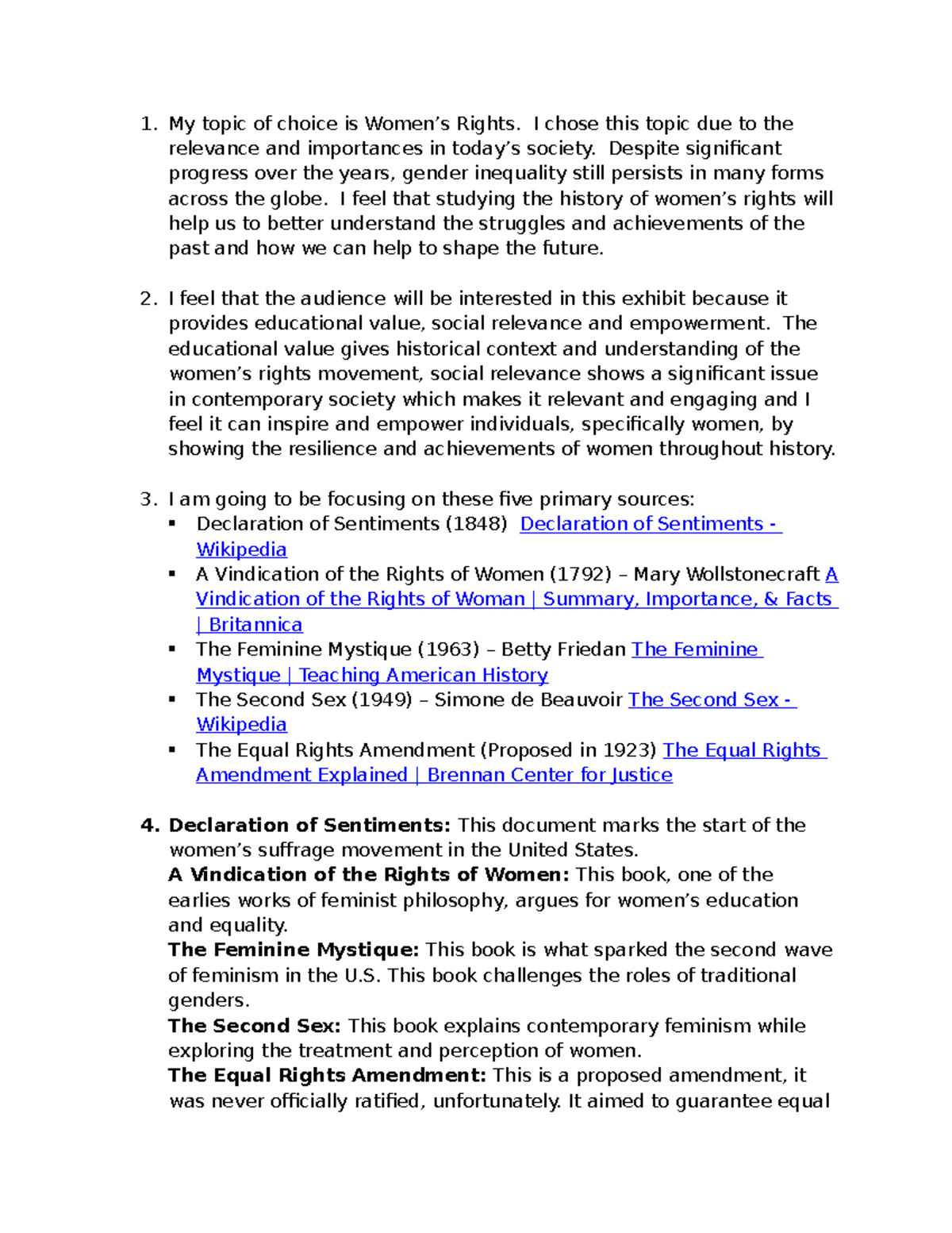 HIS 262 Women’s Rights Project Proposal: Exploring Historical ...