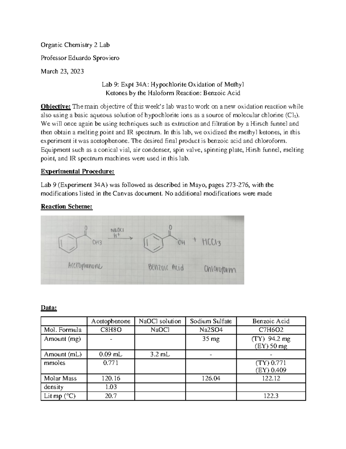 Orgo 2 Lab 9: Hypochlorite Oxidation - Organic Chemistry 2 Lab ...