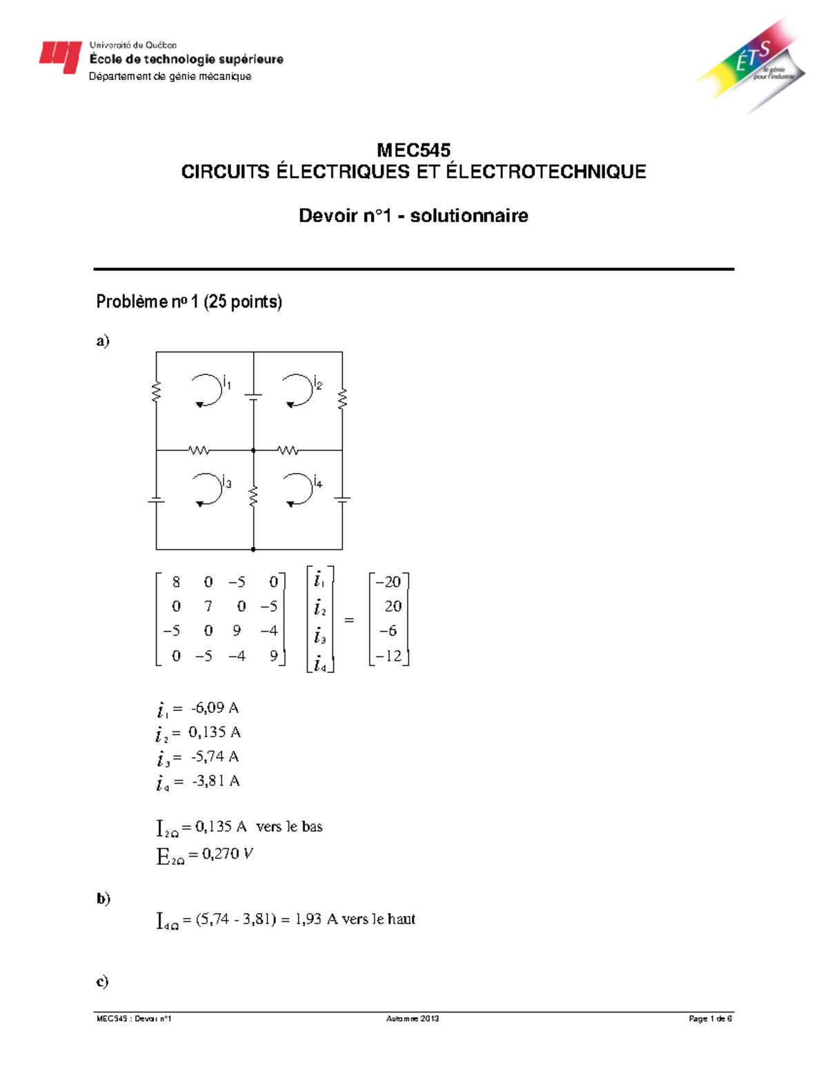 MEC545 Devoir 1 pratique solutionnaire - MEC CIRCUITS ÉLECTRIQUES ET ÉLECTROTECHNIQUE Devoir n°1 ...