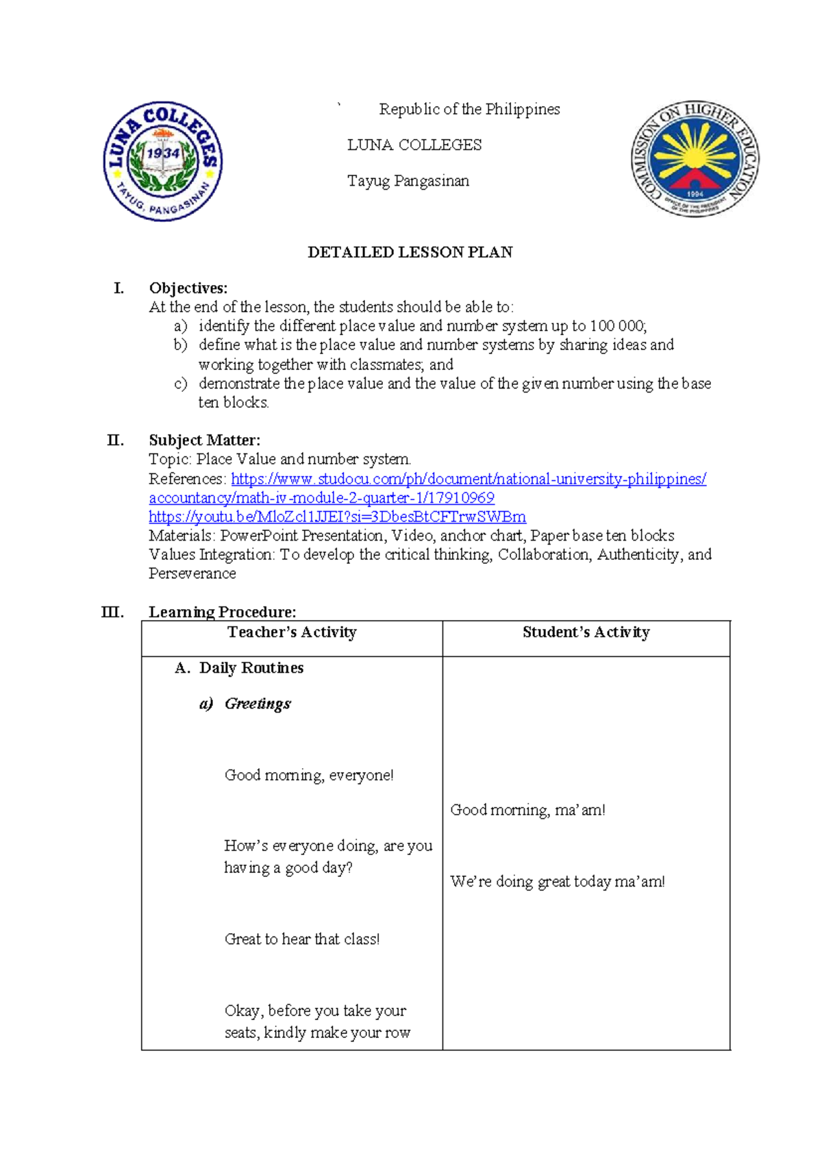 DLP Final - Detailed Lesson Plan on Place Value and Number System - Studocu