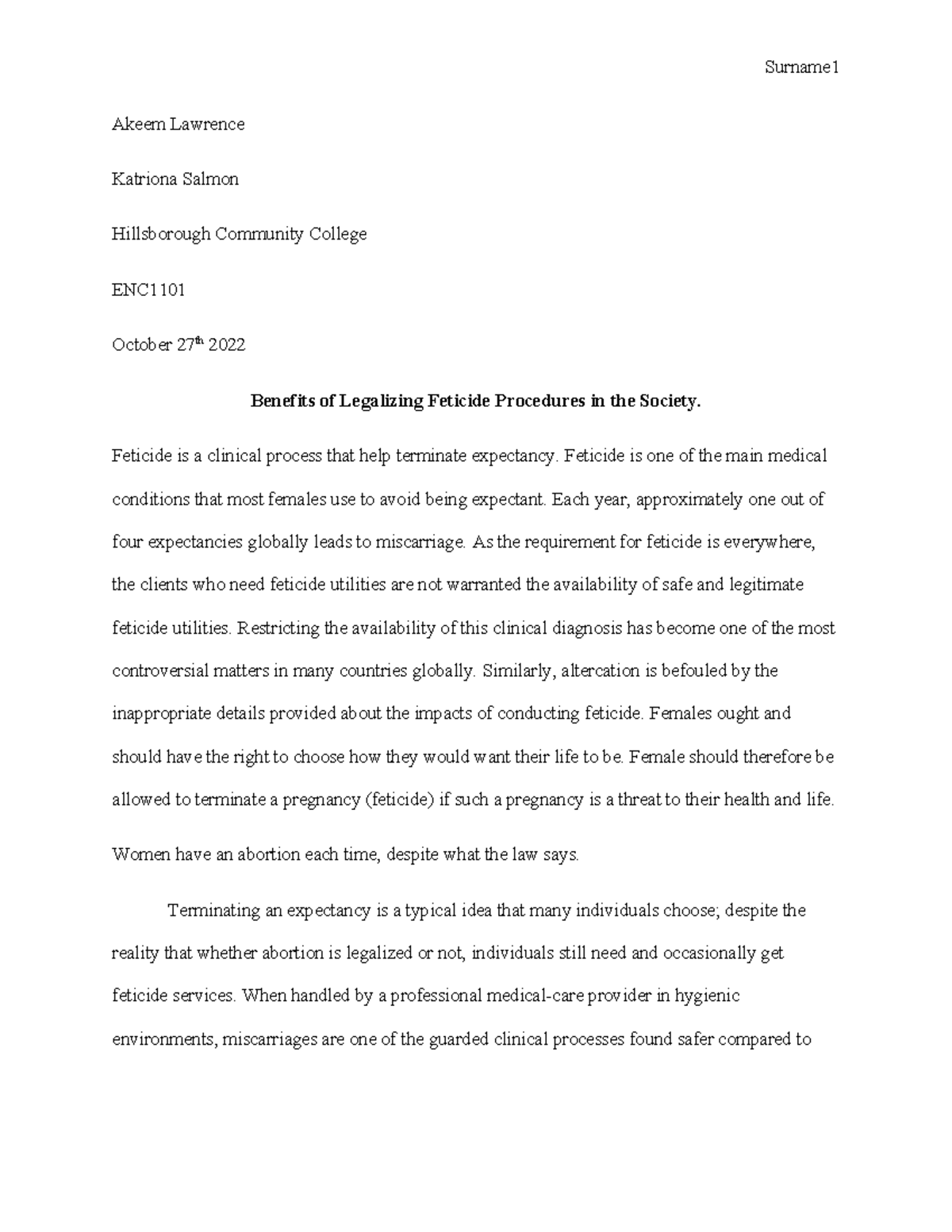 ENC1101 Essay Notes: The Case for Legalizing Feticide Procedures - Studocu
