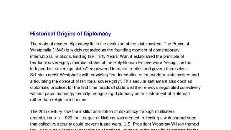 Historical Origins and Global Diplomacy: A Comprehensive Overview - Studocu