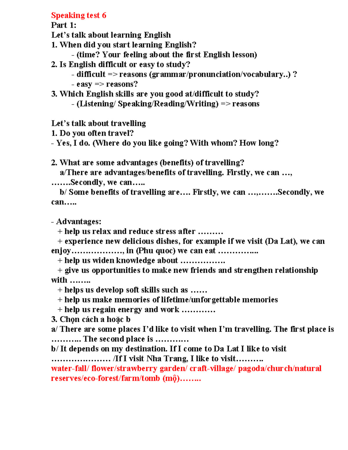 Speaking Test 6 Part 1: Learning English & Travel Insights - Studocu