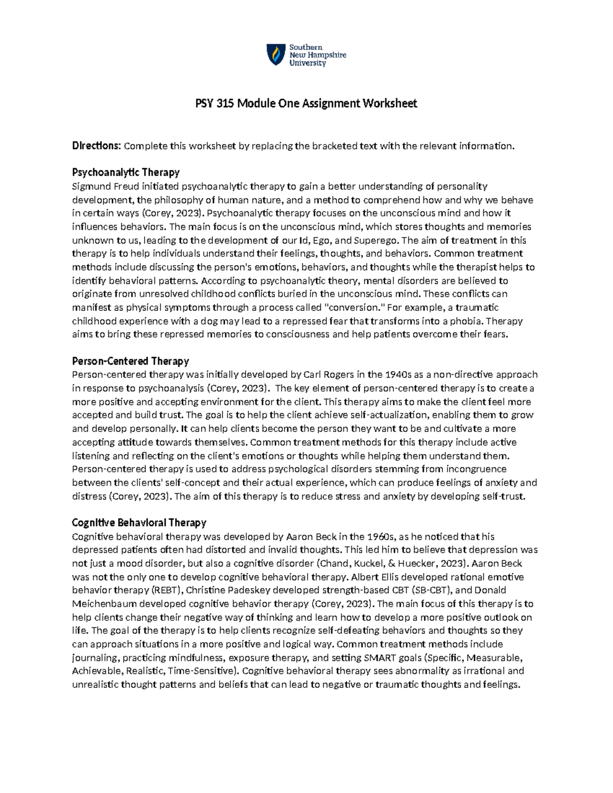 PSY 315 Module One Psychoanalytic & Person-Centered Therapy Notes - Studocu