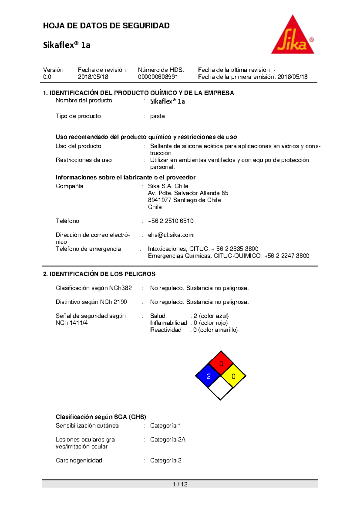 HDS 000000608991 - Seguridad y manejo de Sikaflex® 1a - Studocu