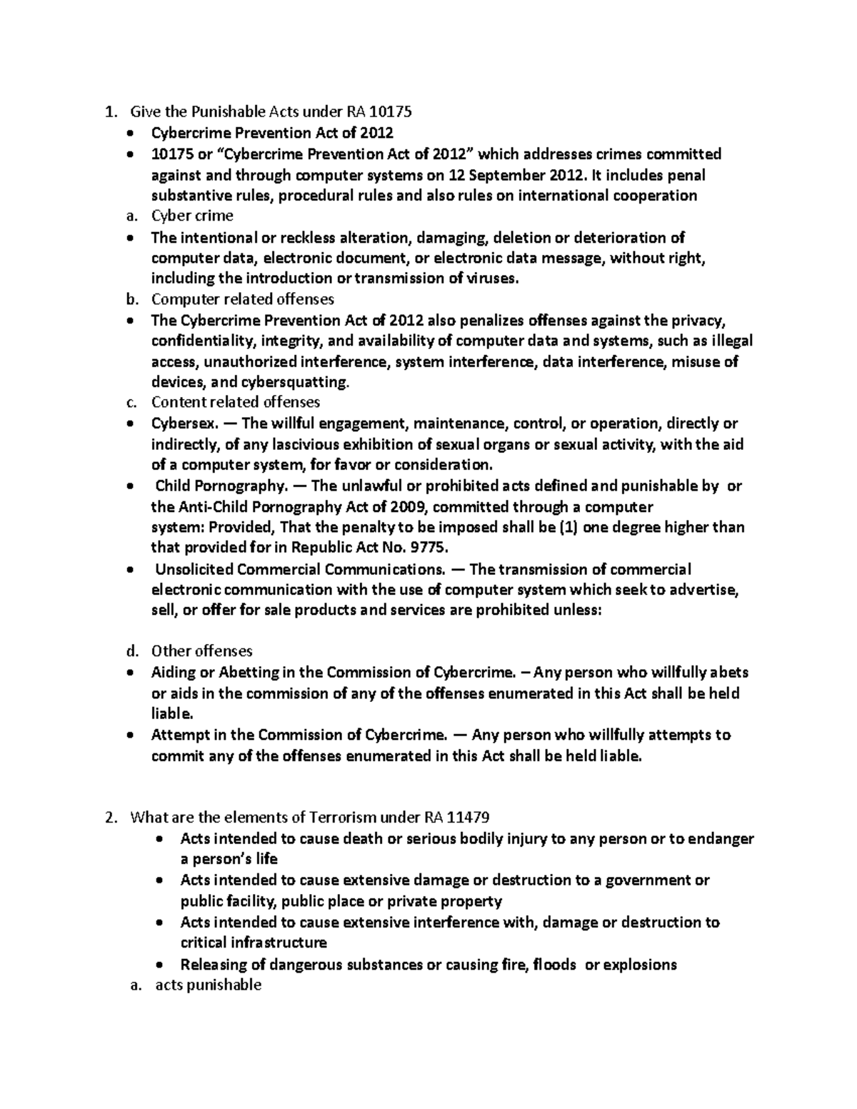 Crim law midterms last ass - Give the Punishable Acts under RA 10175 ...