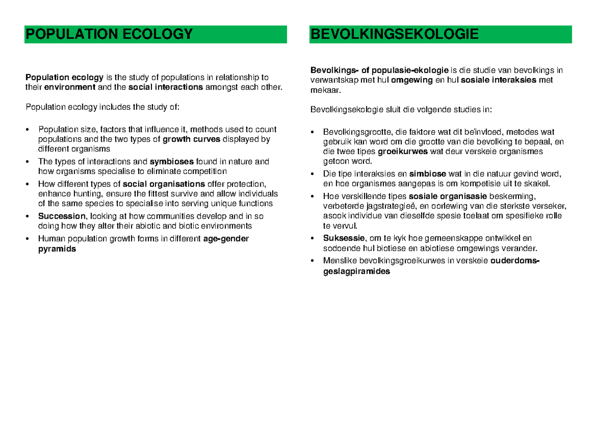 Population Ecology Notes and MEMO - POPULATION ECOLOGY Population ...