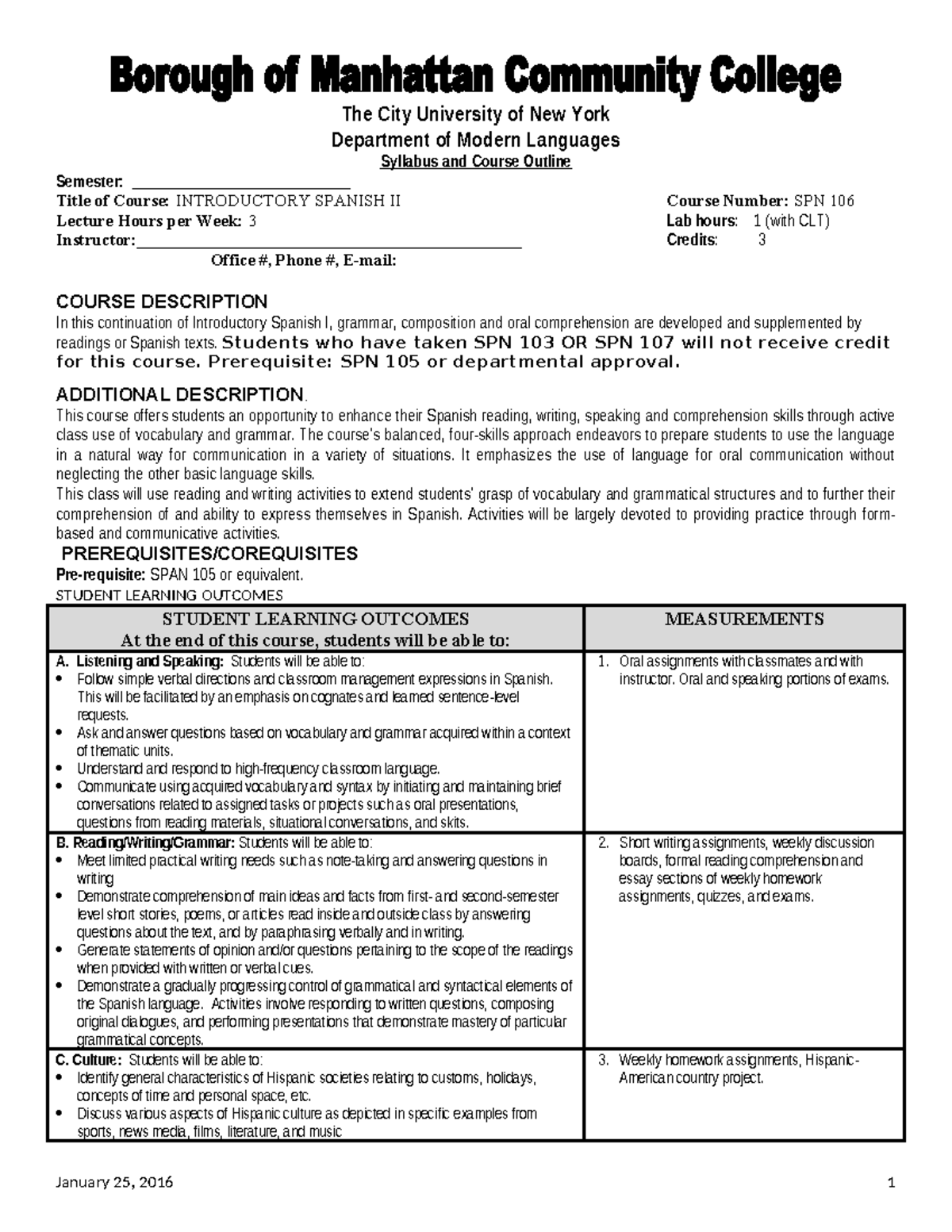 SPN 106 Online Syllabus: Introductory Spanish II Course Outline - Studocu