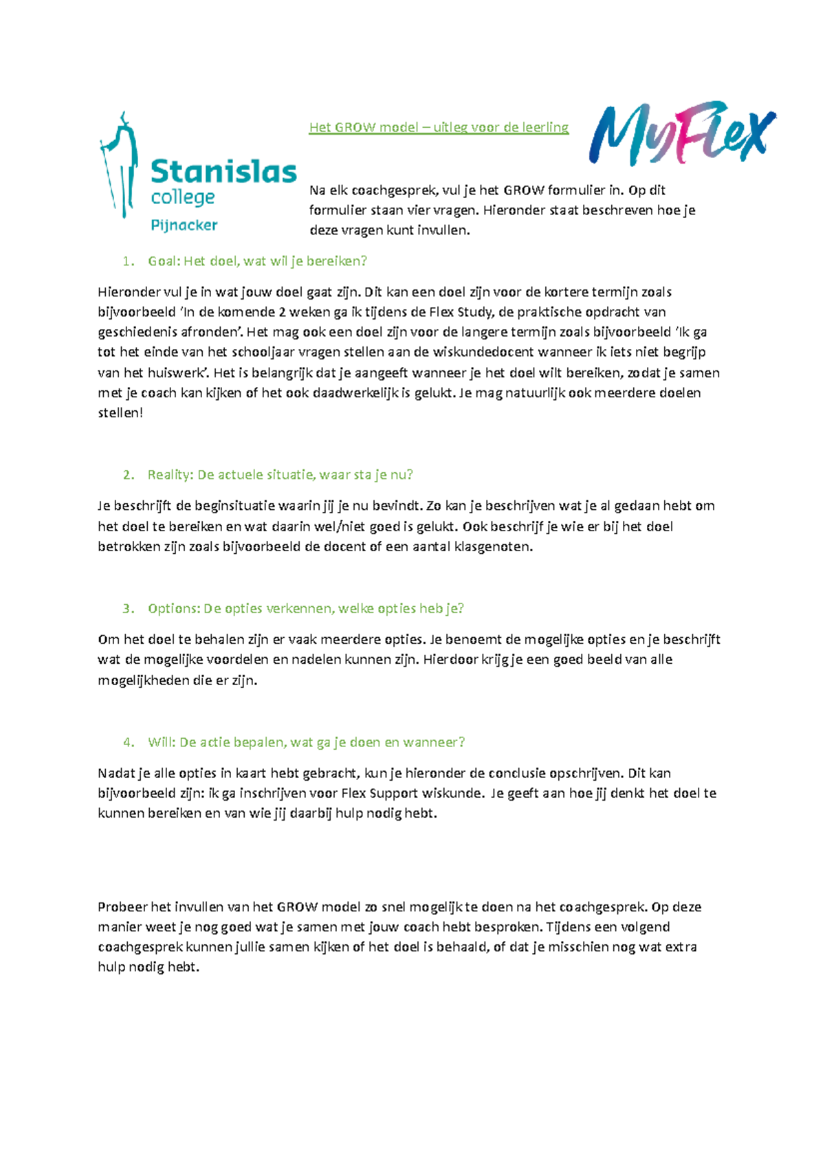 GROW Model Leerlinghandleiding SCP - Stapsgewijze Uitleg - Studeersnel