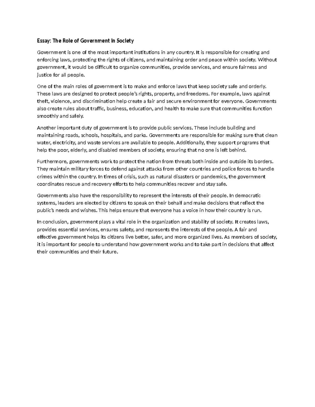 Essay: The Role of Government in Society - GOV 101 - Studocu