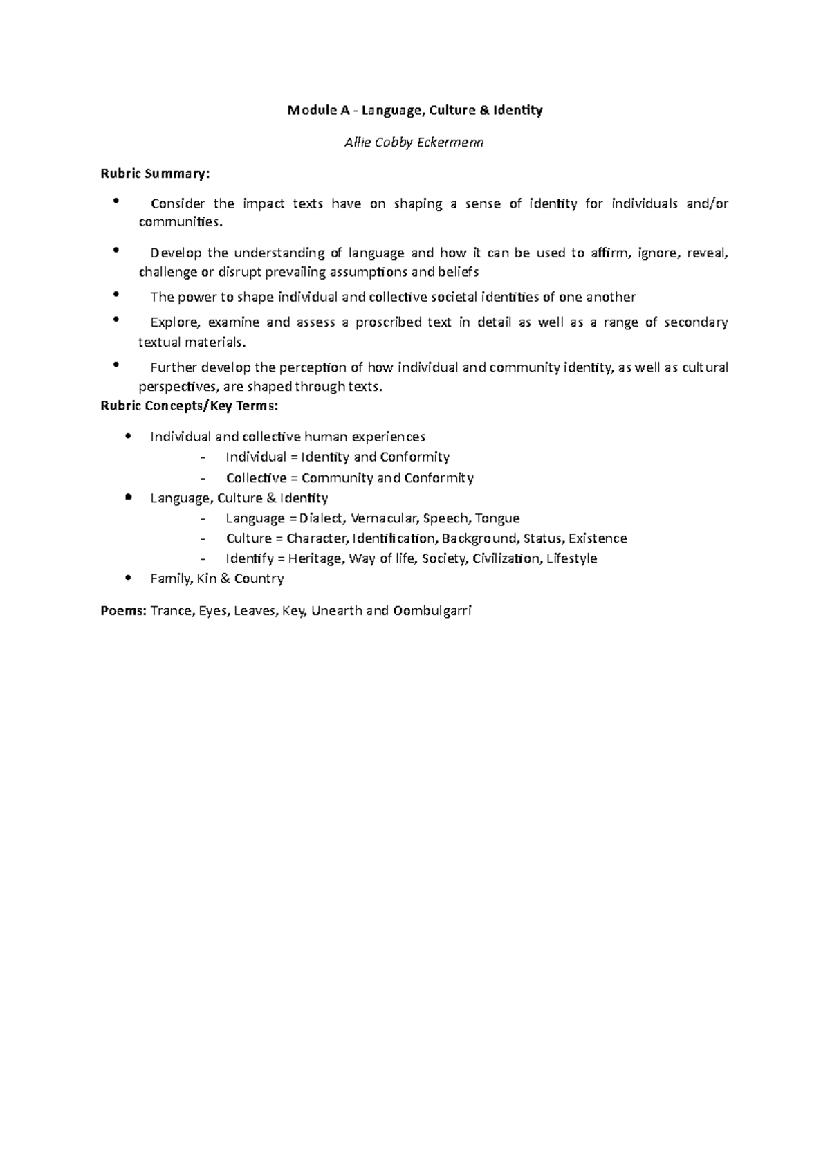 English Standard- Module A Notes - Ali Cobby Eckermann - Module A ...