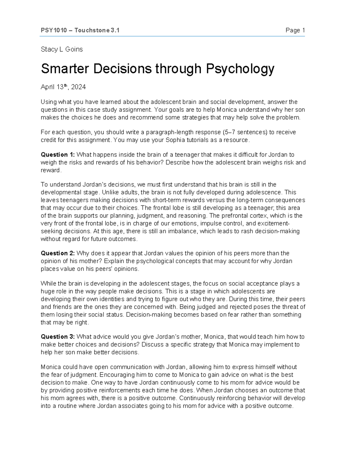 PSY1010 Case Study 1 Template - PSY1010 – Touchstone 3 Page 1 Stacy L ...