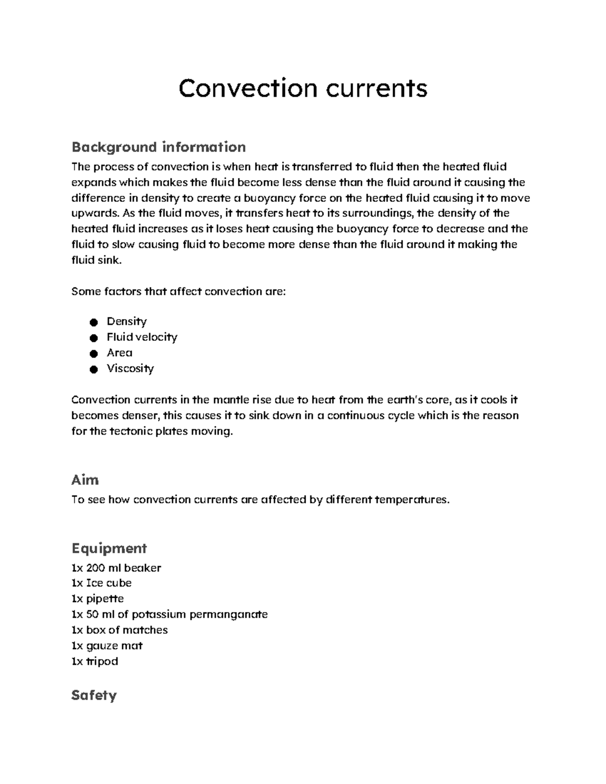Convection Currents: Preliminary Assessment Task 2 - Experiment Write ...