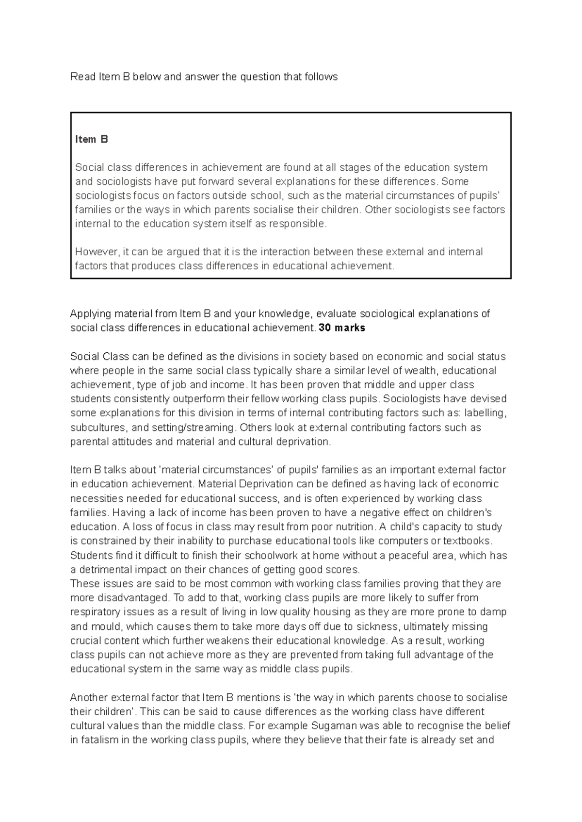 Sociology - Factors Influencing Educational Achievement: Internal ...