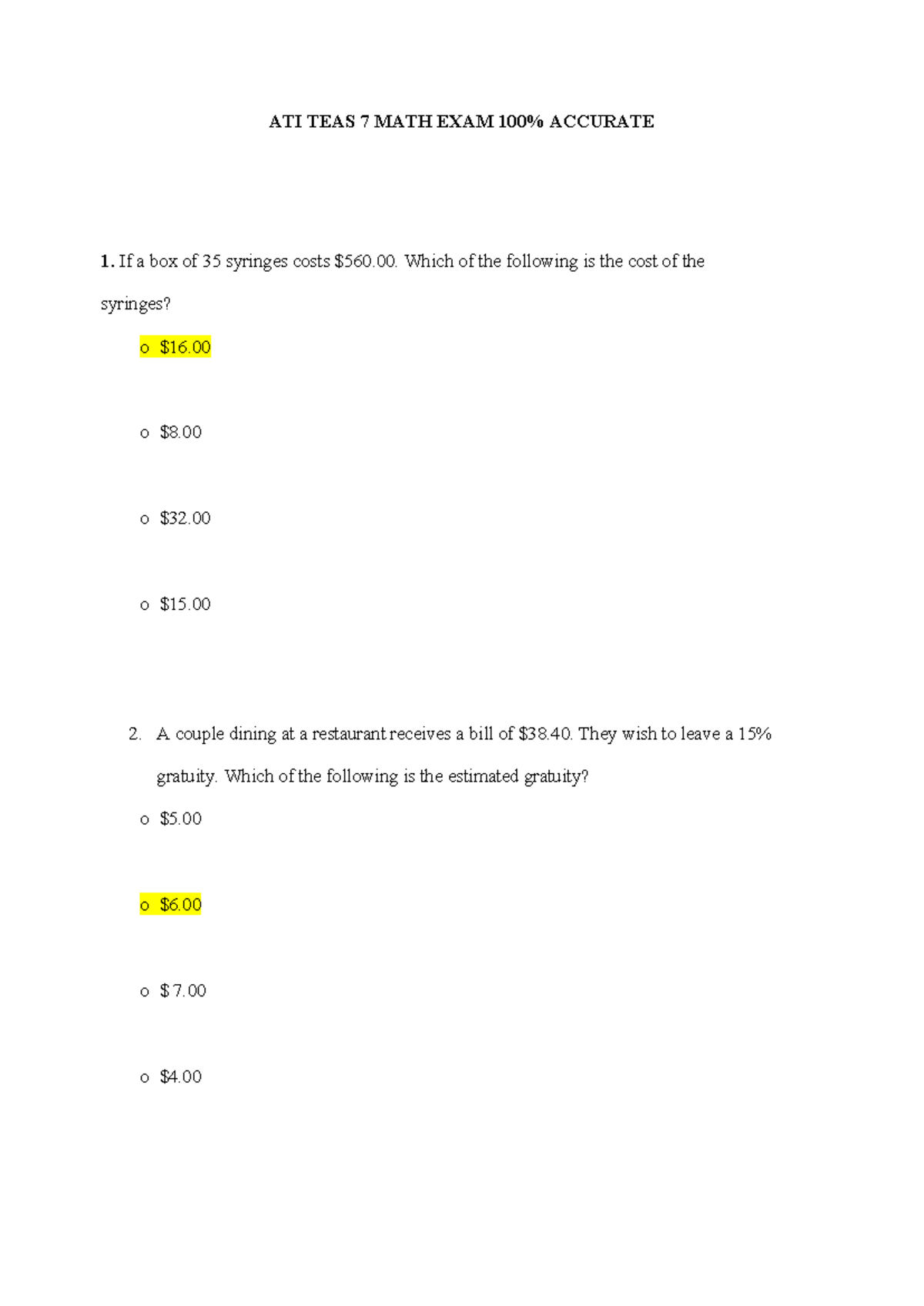 ATI TEAS 7 MATH EXAM PRACTICE QUESTIONS V3 - Studocu