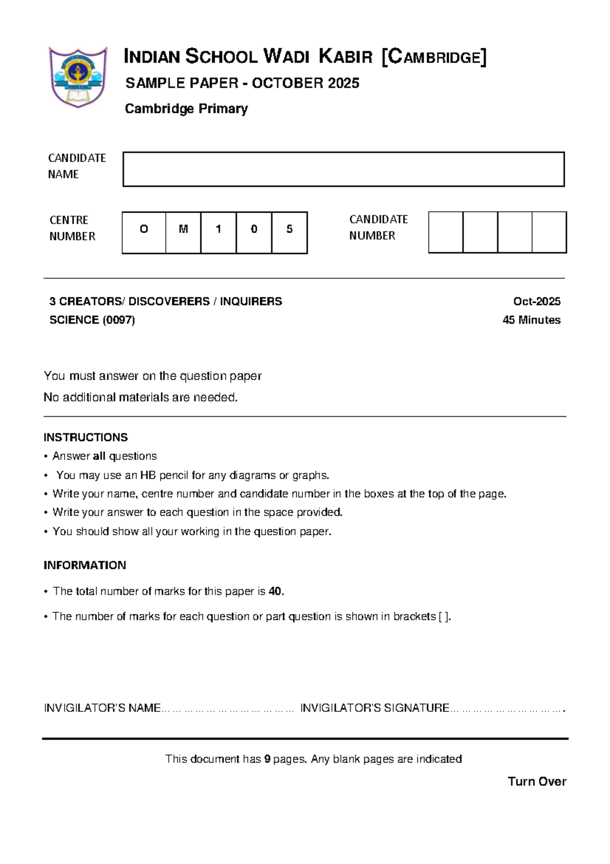 INDIAN SCHOOL WADI KABIR SCIENCE SAMPLE PAPER OCT 2025 (0097) - Studocu