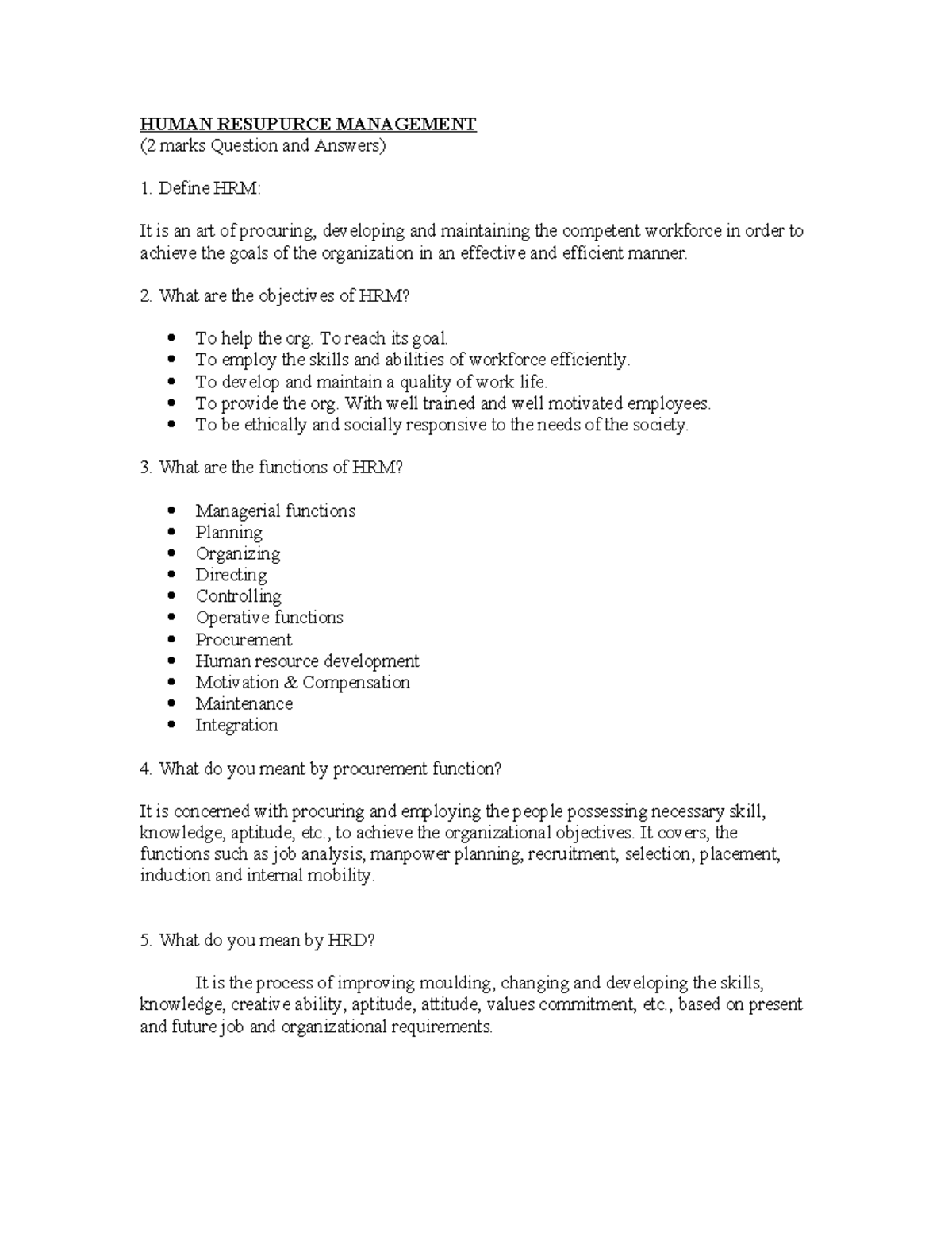 HRM 2 Marks Q&A: Key Concepts and Functions Explained - Studocu
