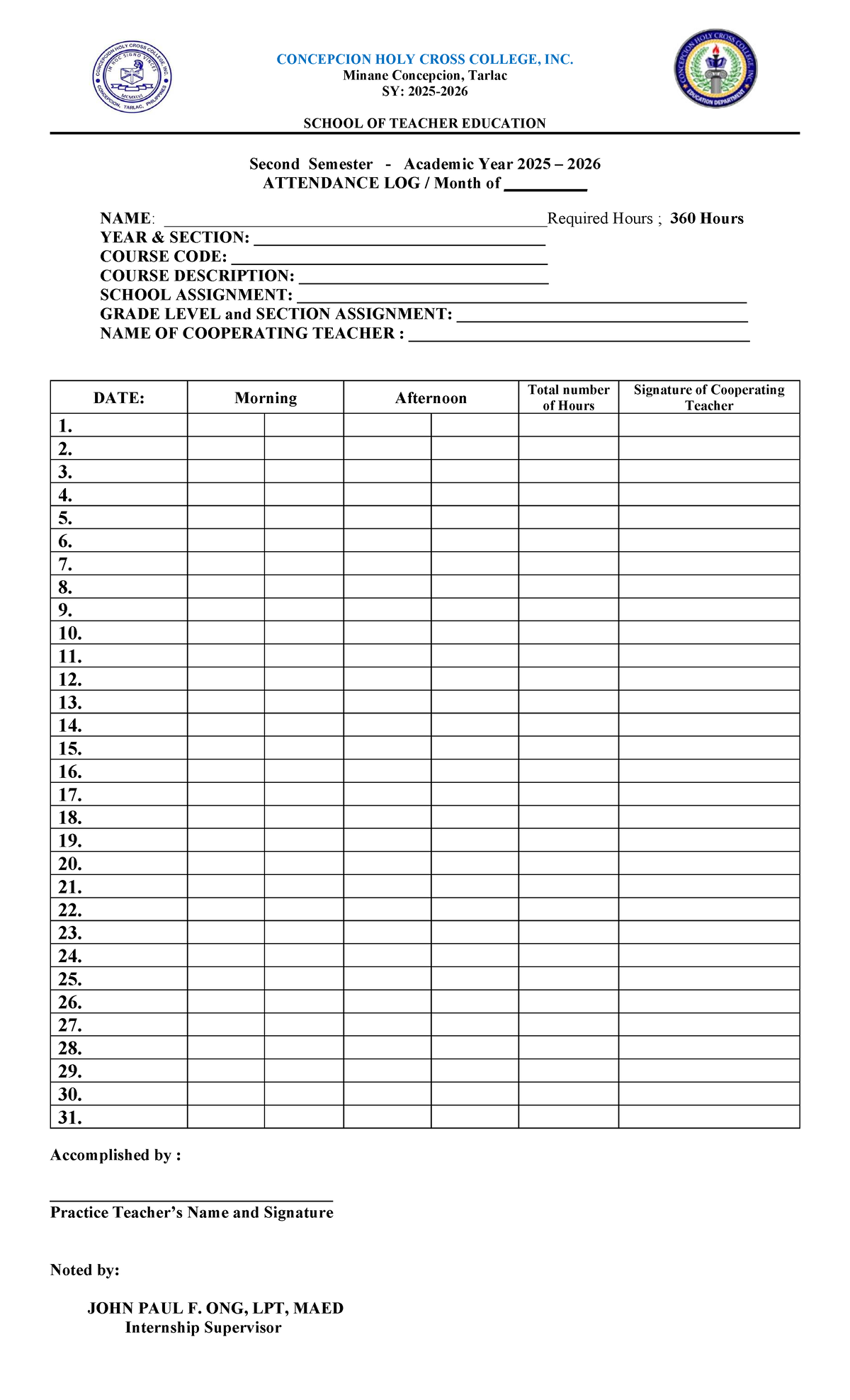 Attendance Log for Internship - SY 2025-2026 - Course Code: [Insert ...