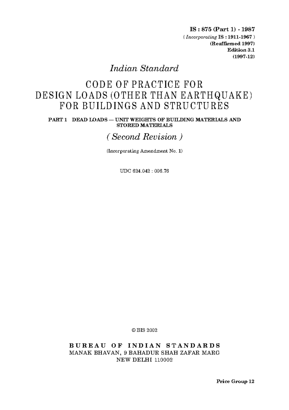 IS : 875 (Part 1) 1987 - Code of Practice for Dead Loads in Buildings ...