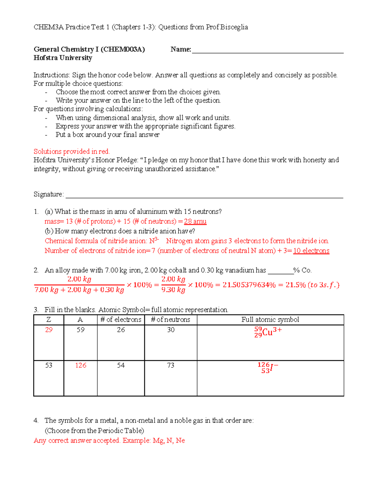 CHEM003A General Chemistry I Practice Test 1 Solutions - Studocu