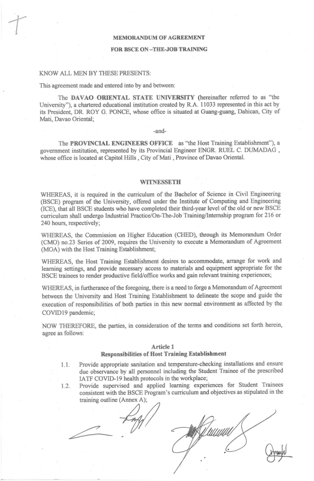PEO-MOA for BSCE On-the-Job Training Agreement - Studocu