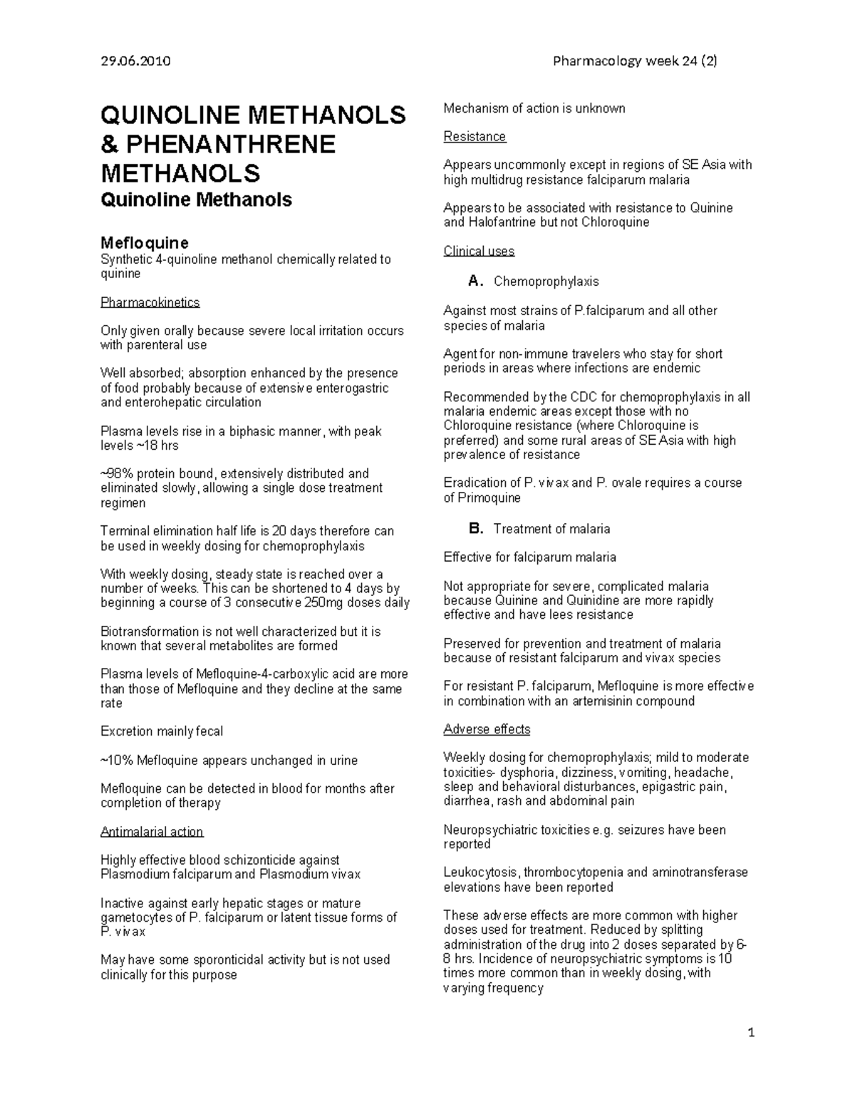 4B. Antimalarials: Quinoline & Phenanthrene Methanols Overview - Studocu