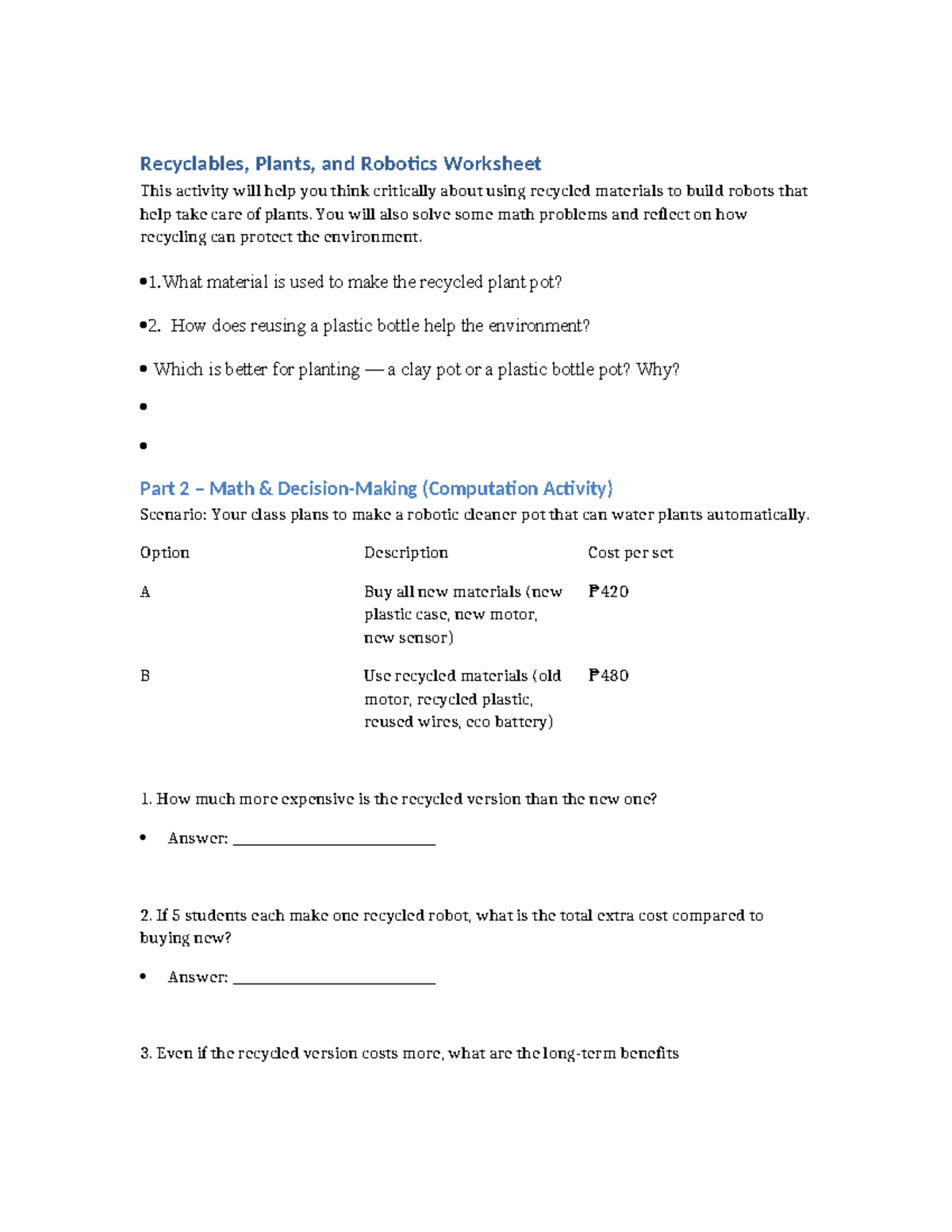 Recyclables & Robotics: Critical Thinking Worksheet - Studocu