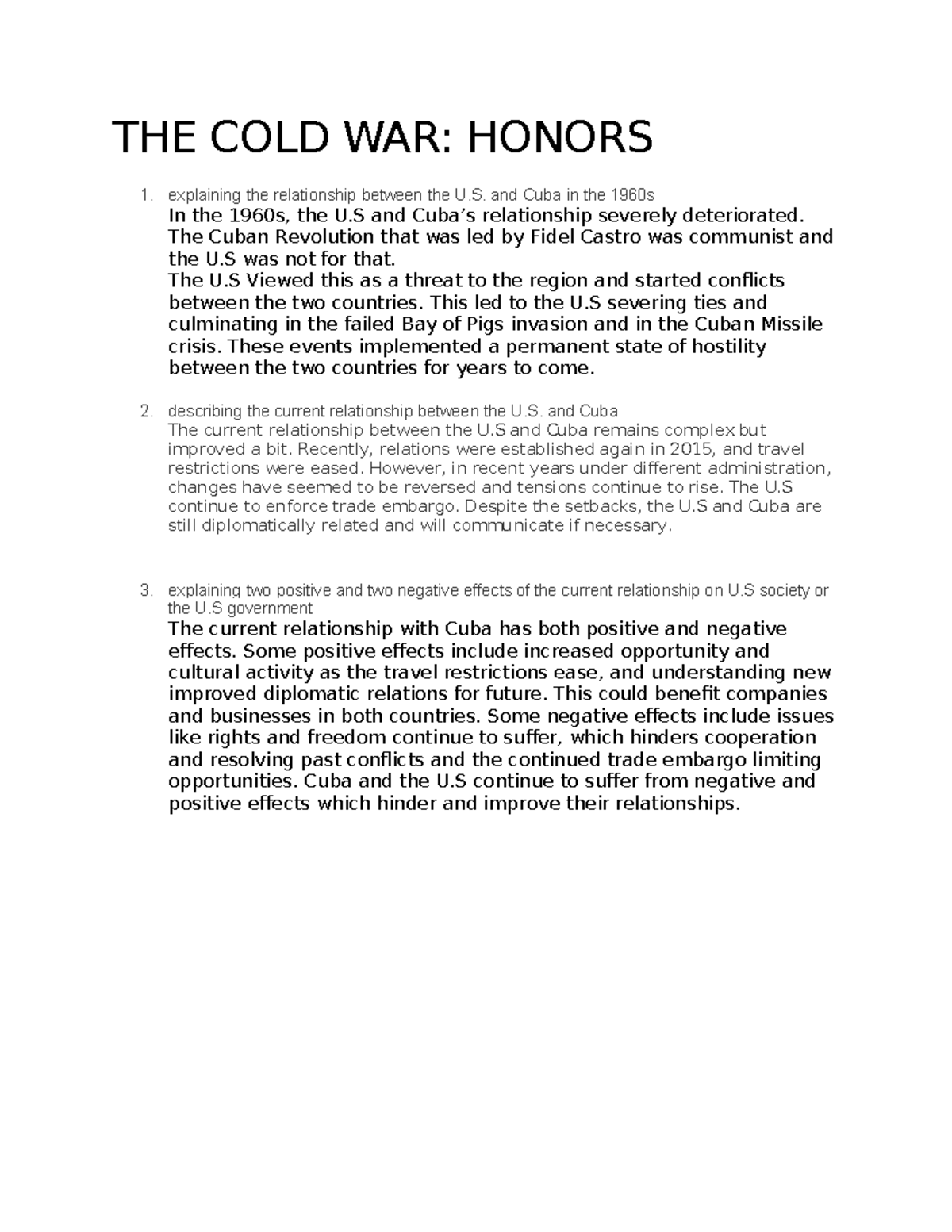 US History Honors: Cold War & US-Cuba Relations (06.05) - Studocu