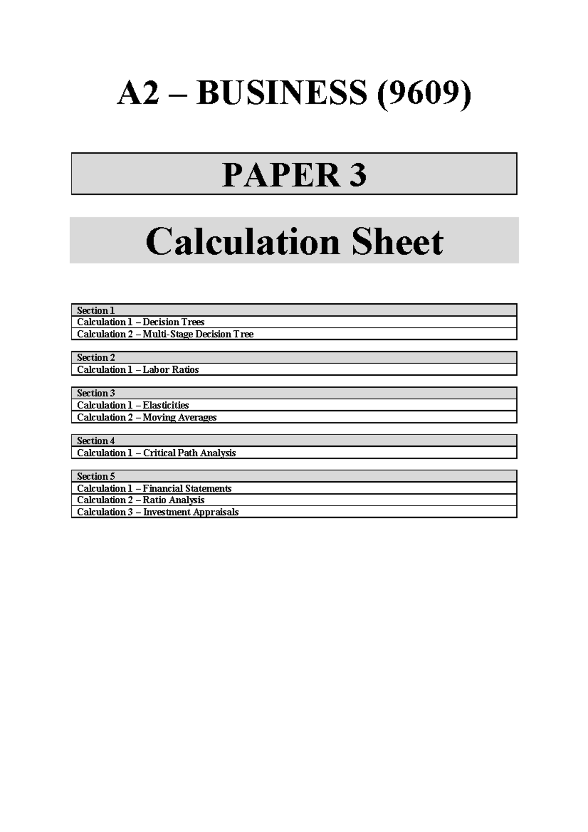 Calculation Sheet for A2 Business (9609) Paper 3 - Studocu