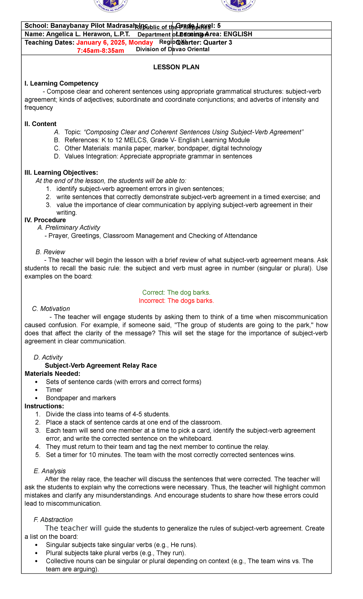 A JAN-6- English - lesson plan - School: Banaybanay Pilot Madrasah Inc ...