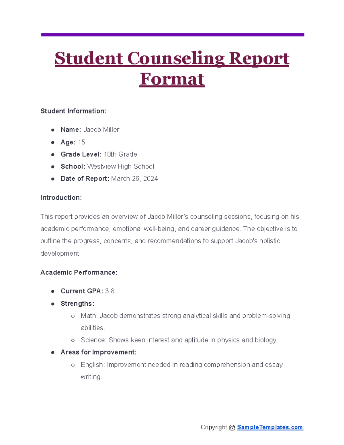 Counseling Report Format for 10th Grade Student (Jacob Miller) - Studocu