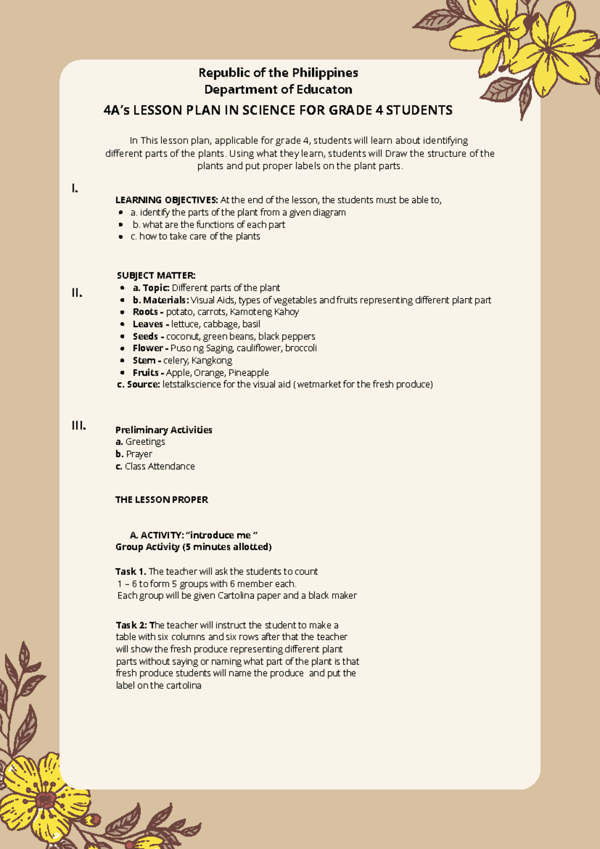 4A's Science Lesson Plan: Exploring Plant Parts for Grade 4 - Studocu