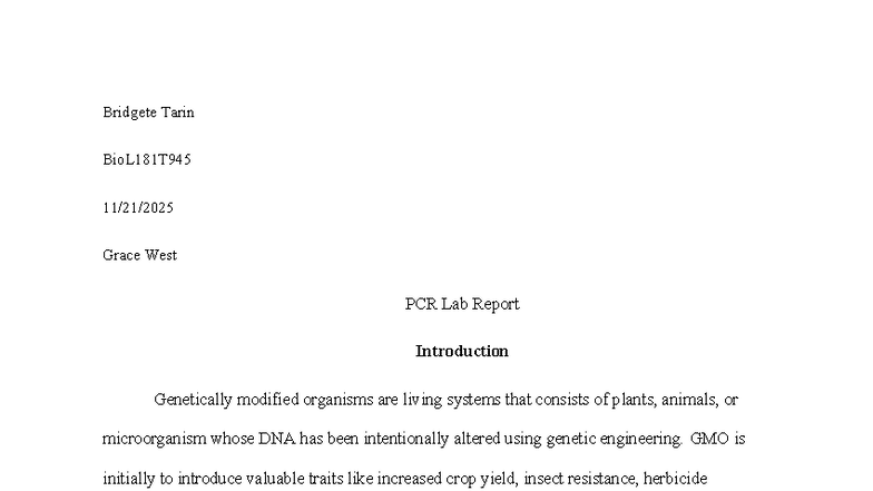 BIO 181T945 Grace West PCR Lab Report on GMO Detection - Studocu