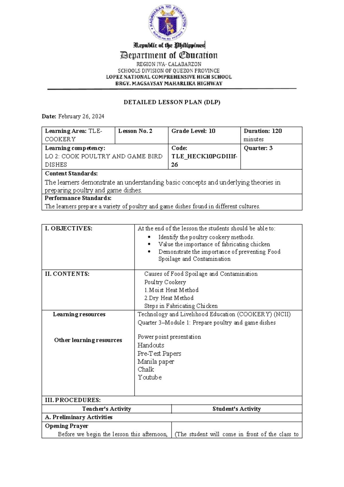 G10 TLE Cookery Lesson Plan: Poultry Preparation DLP f26 - Studocu