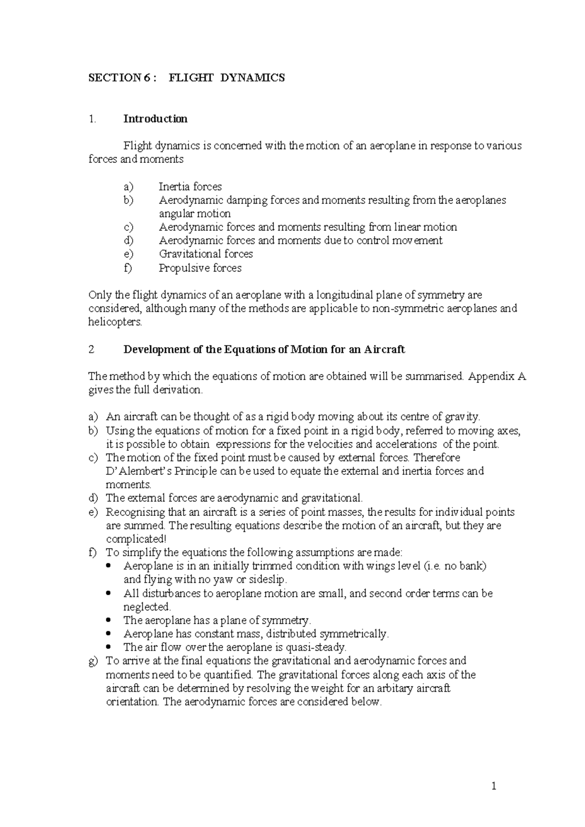 Section 6: Flight Dynamics and Equations of Motion for Aircraft - Studocu