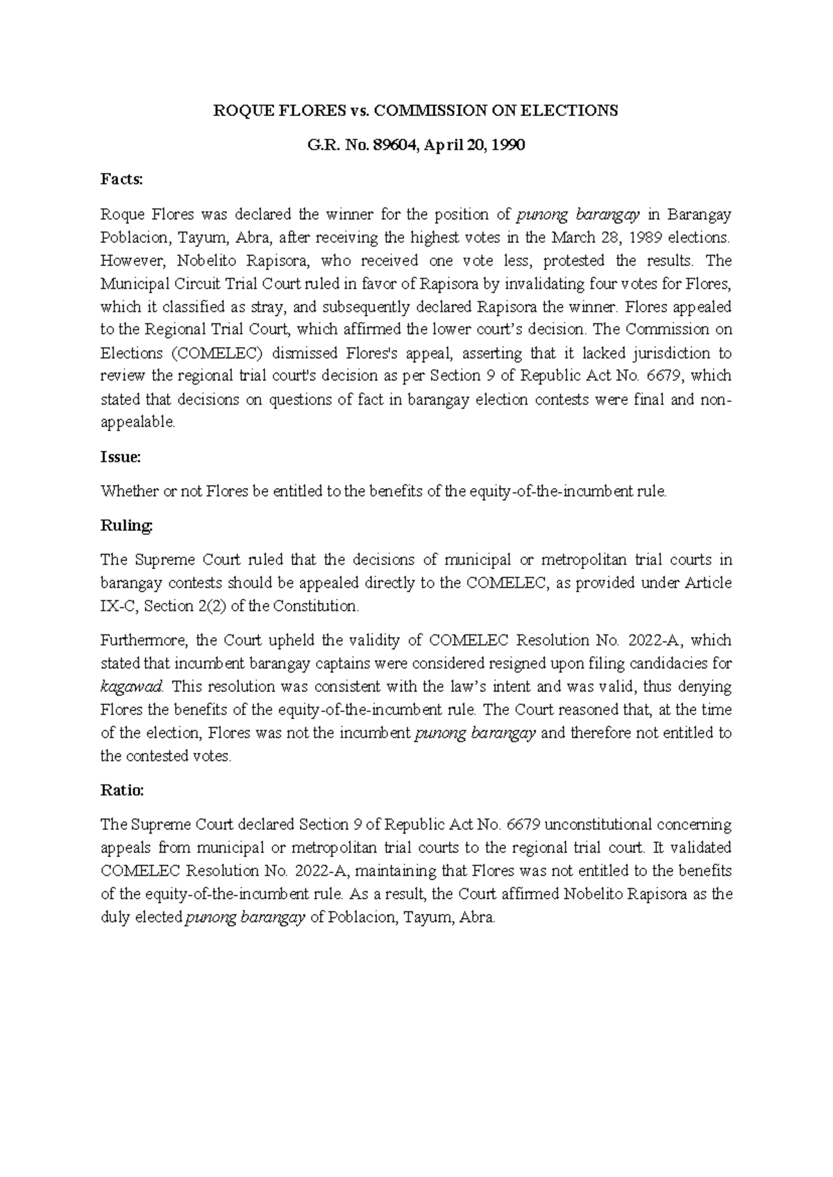 Roque Flores v. Commission on Elections - G.R. No. 89604 Case Summary ...