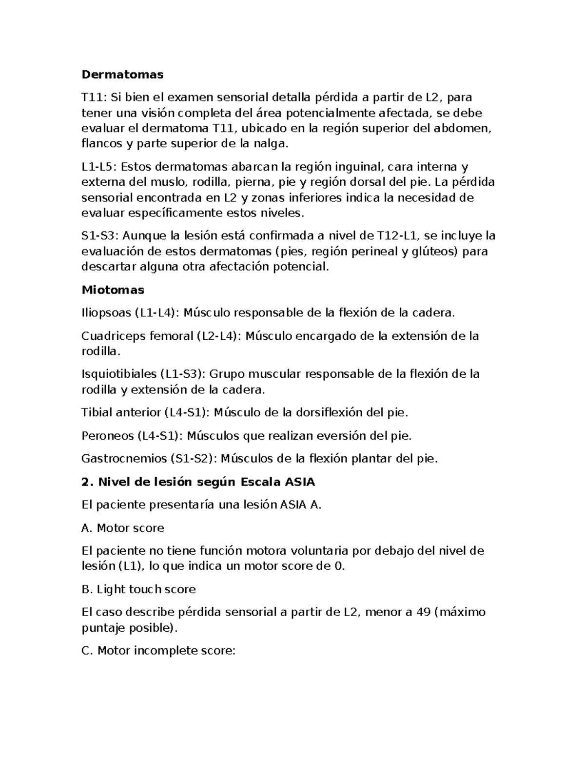 Caso de evaluación de dermatomas y miotomas: T11-L5 (Informe ASIA ...