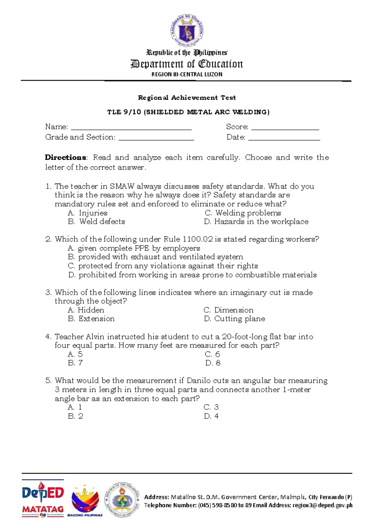 TLE 9/10 Final Exam: Shielded Metal Arc Welding Questions and Answers ...