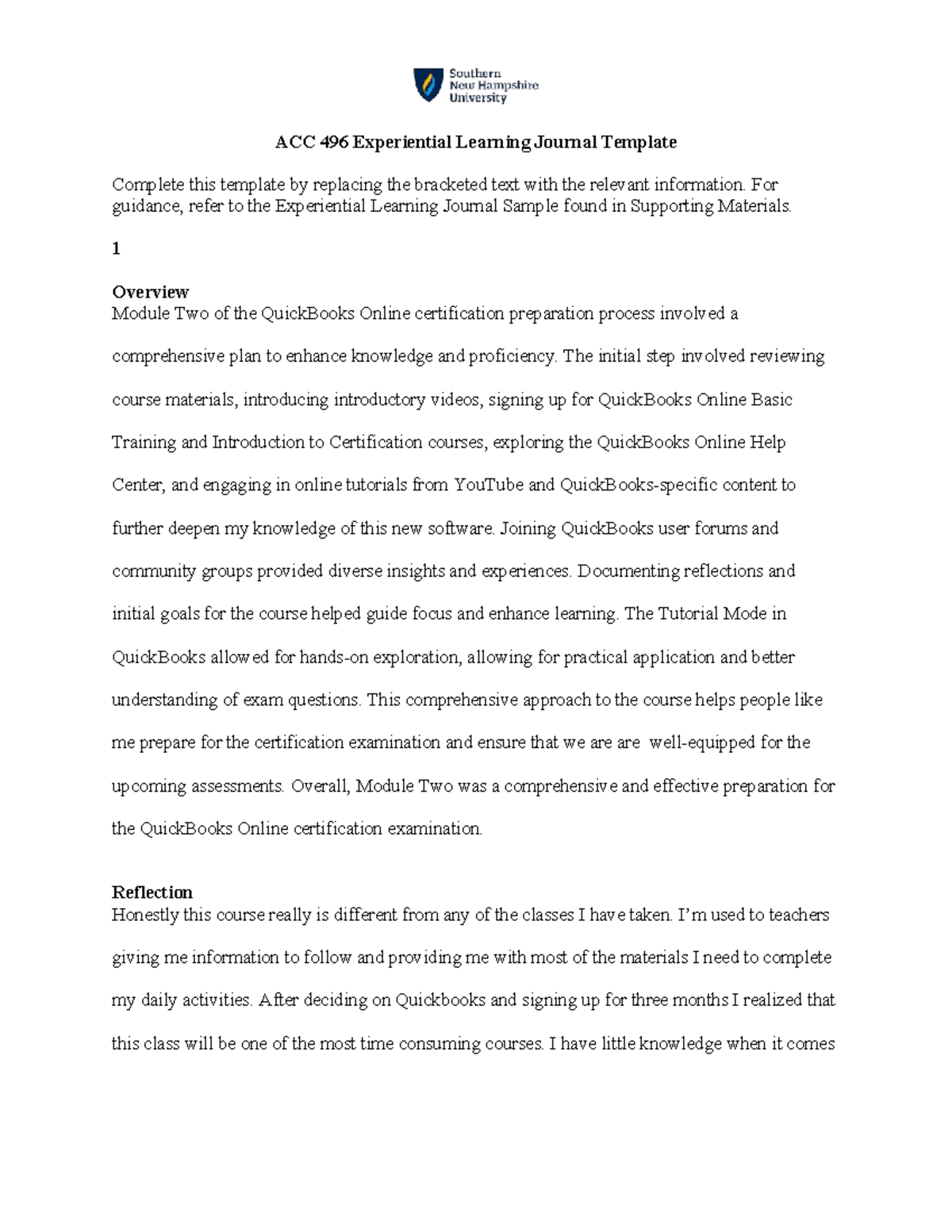 ACC 496 Final Exam Experiential Learning Journal & Reflection Template ...