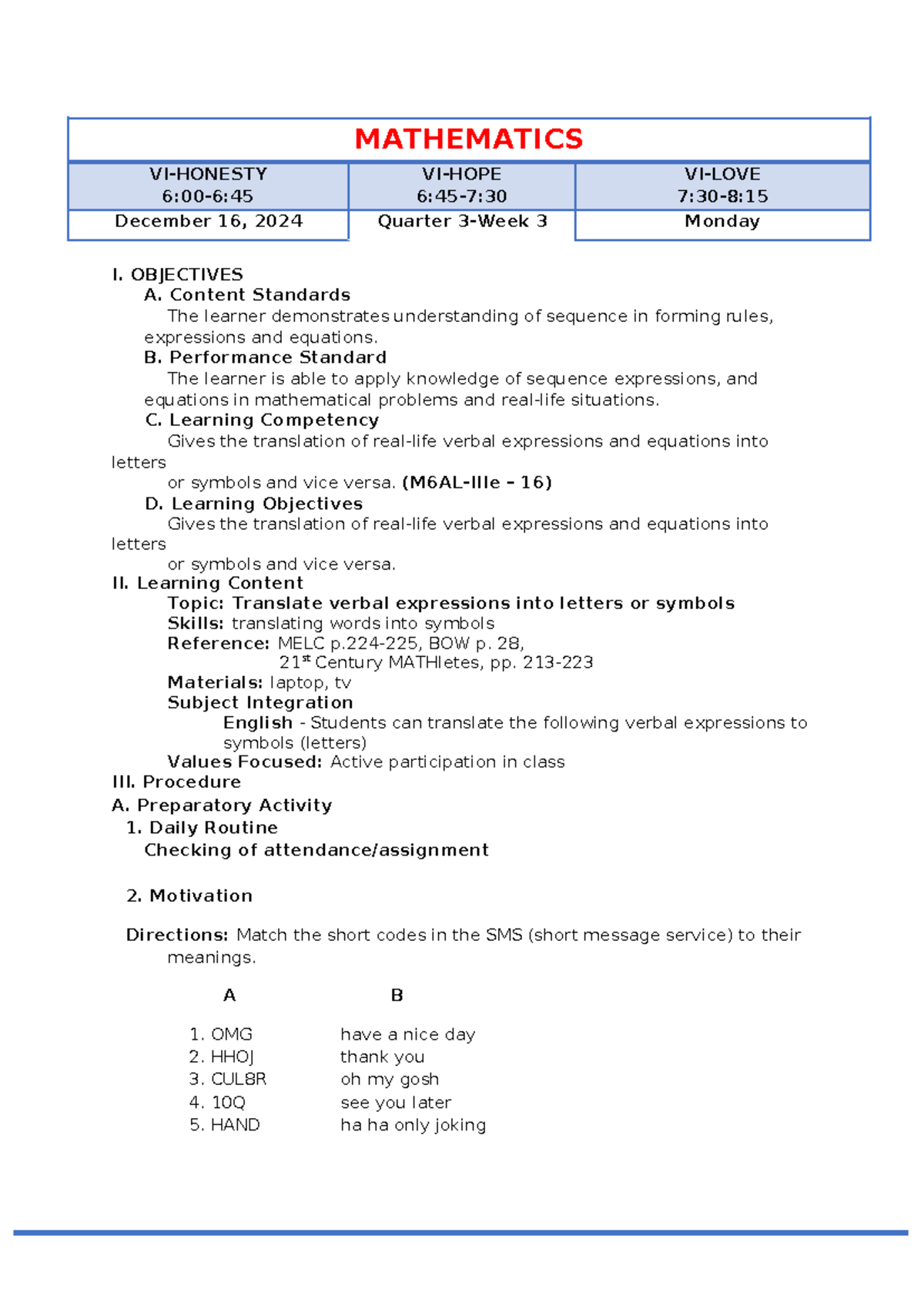 MATH Q3 W3 D1 - Algebraic Expressions Lesson Plan - Studocu