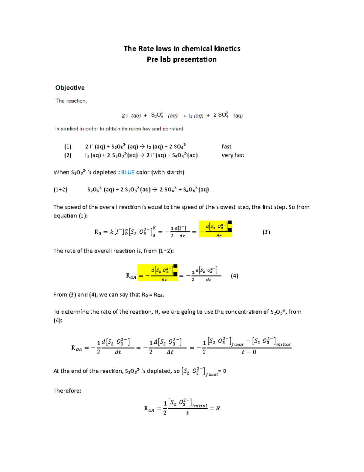 Rate Laws Experiment: Understanding Chemical Kinetics Concepts - Studocu