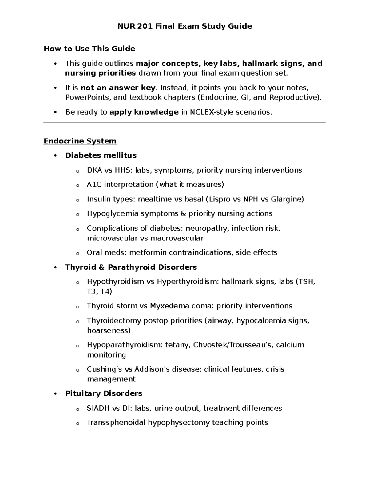 NUR 201 Final Exam Study Guide: Key Concepts & Nursing Priorities - Studocu