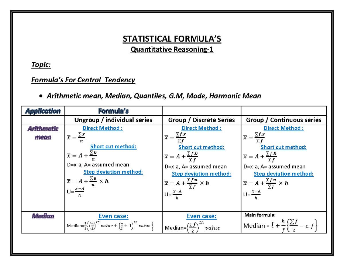 Cntrl Tndncy Formulas QR1(26 jan 25) - STATISTICAL FORMULA’S ...
