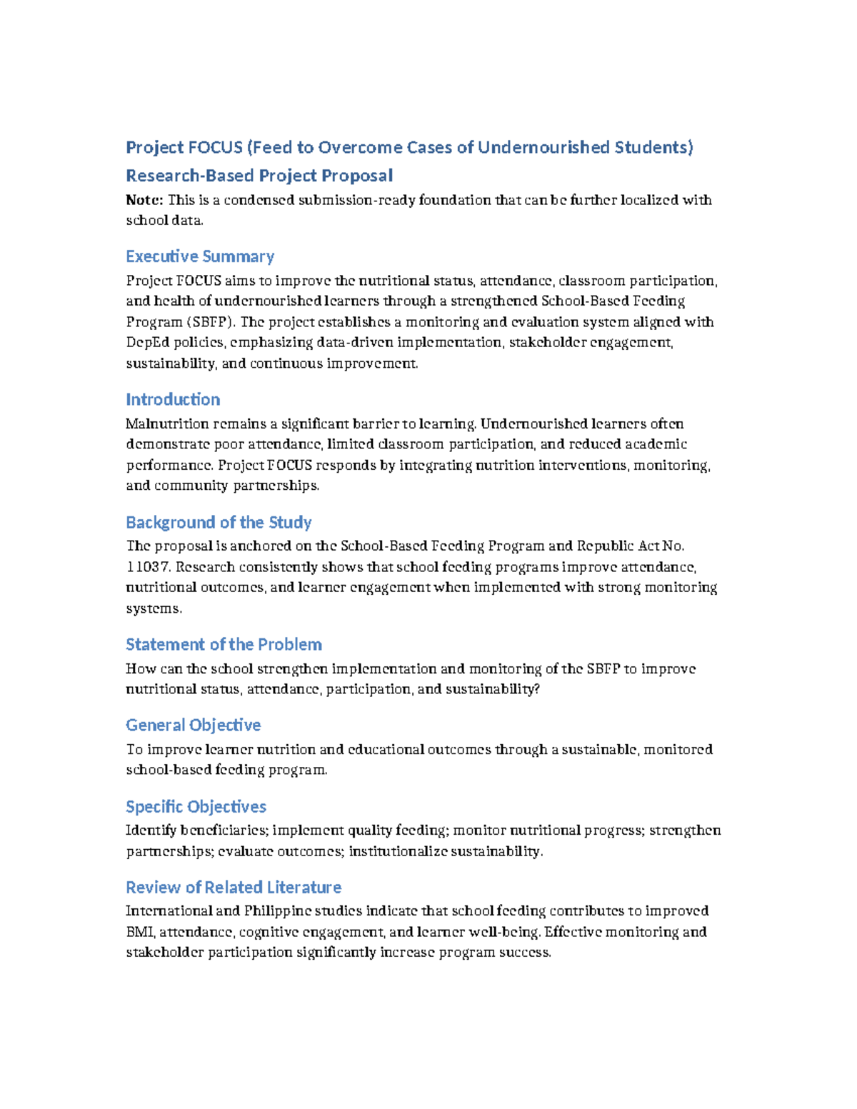 Project FOCUS (SBFP) Proposal for Nutritional Improvement - Studocu