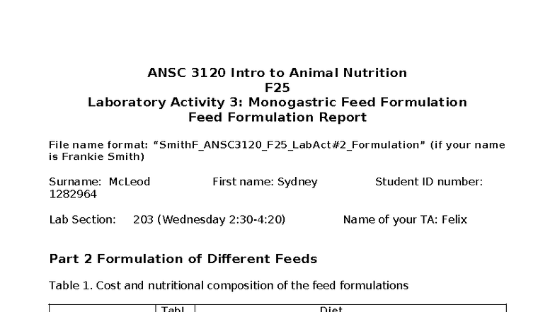 ANSC 3120 F25 Lab Activity 3: Monogastric Feed Formulation Report - Studocu